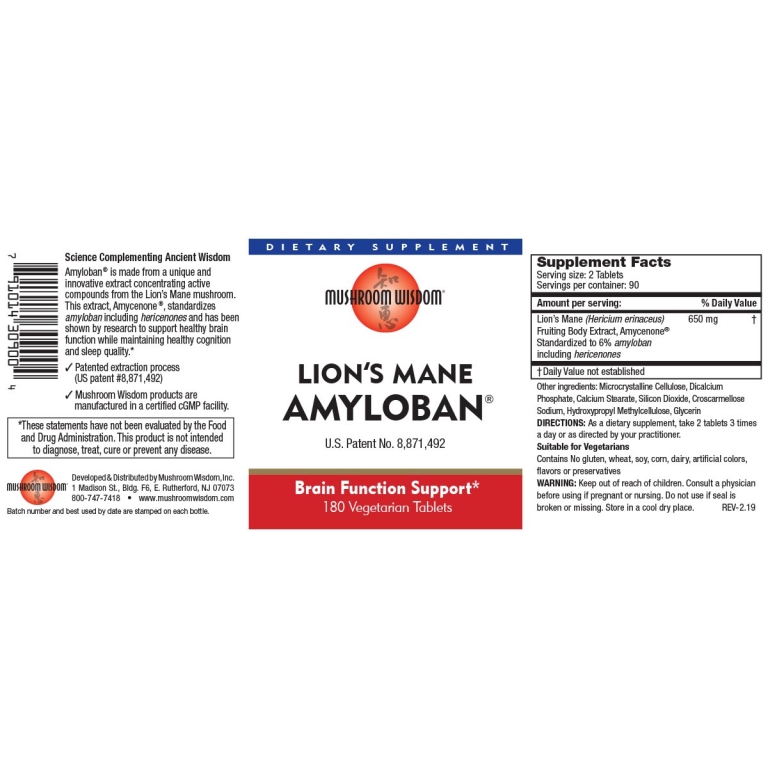 LION'S MANE AMYLOBAN®, 180 Tablets - Mushroom Wisdom Inc.